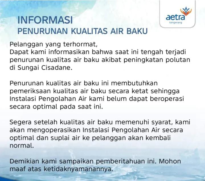 Sungai Cisadane Diduga Tercemar, PDAM Aetra Tangerang Alami Gangguan